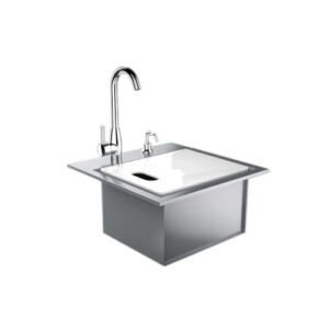 sunstone drop in sink with hot and cold water faucet and cutting board