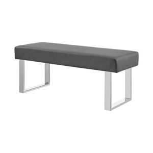 Armen Living Amanda Bench in Grey Faux Leather and Chrome Finish 48 x 19 x 18