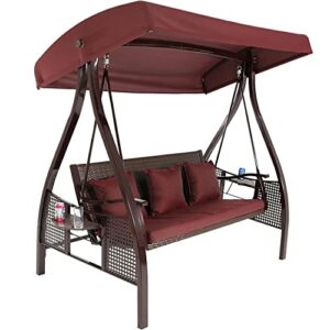 Sunnydaze 3-Seat Deluxe Patio Swing with Steel Frame and Canopy - 600-Pound Weight Capacity - Maroon Cushions Included