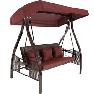 sunnydaze 3-seat deluxe patio swing with steel frame and canopy - 600-pound weight capacity - maroon cushions included