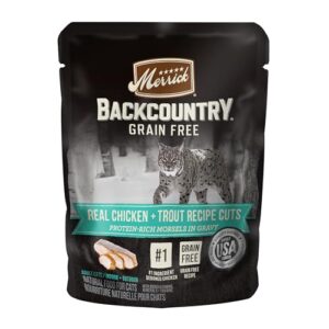 merrick backcountry grain free gluten free premium wet cat food, chicken and trout recipe cuts with gravy - (pack of 24) 3 oz. pouches