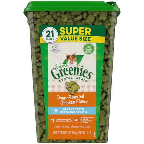 FELINE GREENIES Natural Dental Care Cat Treats Oven Roasted Chicken Flavor, 21 oz. Tub