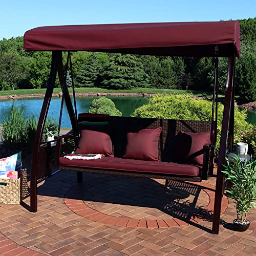 Sunnydaze 3-Seat Deluxe Patio Swing with Steel Frame and Canopy - 600-Pound Weight Capacity - Maroon Cushions Included