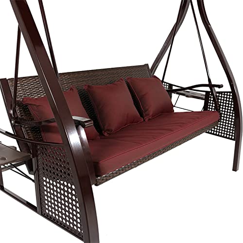 Sunnydaze 3-Seat Deluxe Patio Swing with Steel Frame and Canopy - 600-Pound Weight Capacity - Maroon Cushions Included