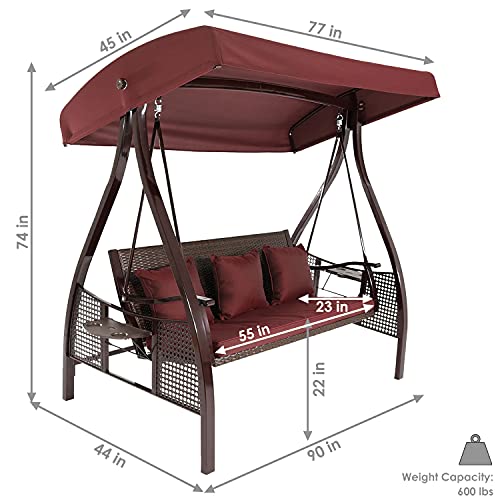 Sunnydaze 3-Seat Deluxe Patio Swing with Steel Frame and Canopy - 600-Pound Weight Capacity - Maroon Cushions Included