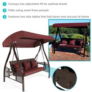 Sunnydaze 3-Seat Deluxe Patio Swing with Steel Frame and Canopy - 600-Pound Weight Capacity - Maroon Cushions Included