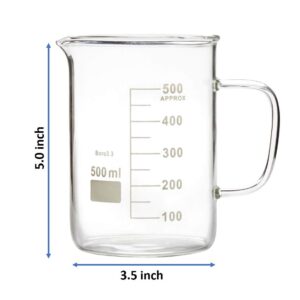 Microyn Glass Beaker with Handle, Beaker Mug with Pouring Spout, Double Graduated, 500ml (16.9oz/2.1cup)