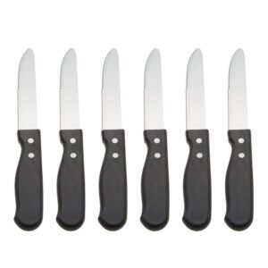 (set of 6) 10-inch jumbo steak knives by tezzorio, stainless steel rounded serrated 5-inch blade with black plastic handle, commercial quality steak knife set