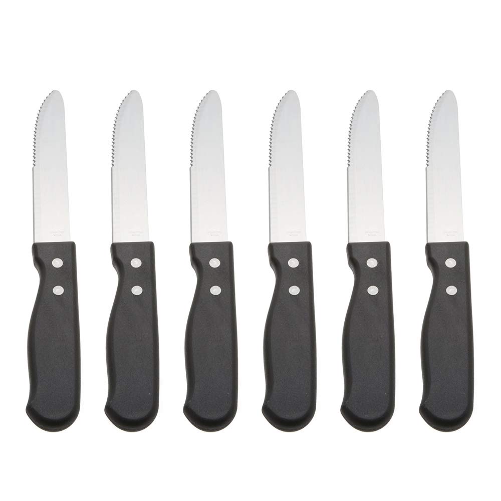 (Set of 6) 10-Inch Jumbo Steak Knives by Tezzorio, Stainless Steel Rounded Serrated 5-Inch Blade with Black Plastic Handle, Commercial Quality Steak Knife Set