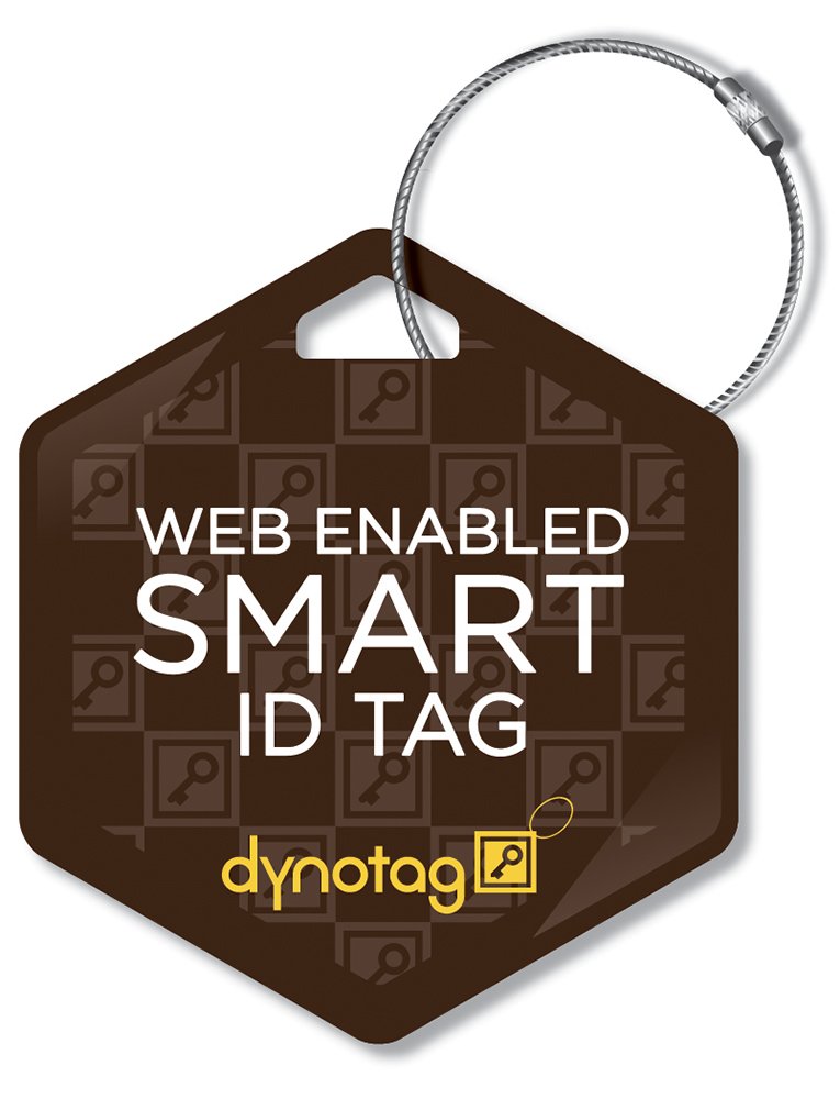 Dynotag® Web Enabled Smart Deluxe Steel Property ID Tag + Steel Ring, with DynoIQ™ & Lifetime Recovery Service. Hexagon (Brown)