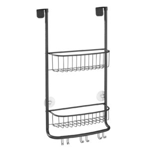 mDesign Stainless Steel Bath/Shower Over Door Caddy, Hanging Storage Organizer 2-Tier Rack with 6 Hooks and 2 Baskets - Holder for Soap, Shampoo, Loofah, Body Wash, Omni Collection, Matte Black