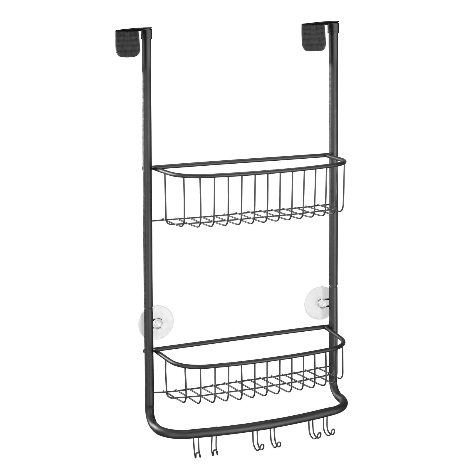 mDesign Stainless Steel Bath/Shower Over Door Caddy, Hanging Storage Organizer 2-Tier Rack with 6 Hooks and 2 Baskets - Holder for Soap, Shampoo, Loofah, Body Wash, Omni Collection, Matte Black