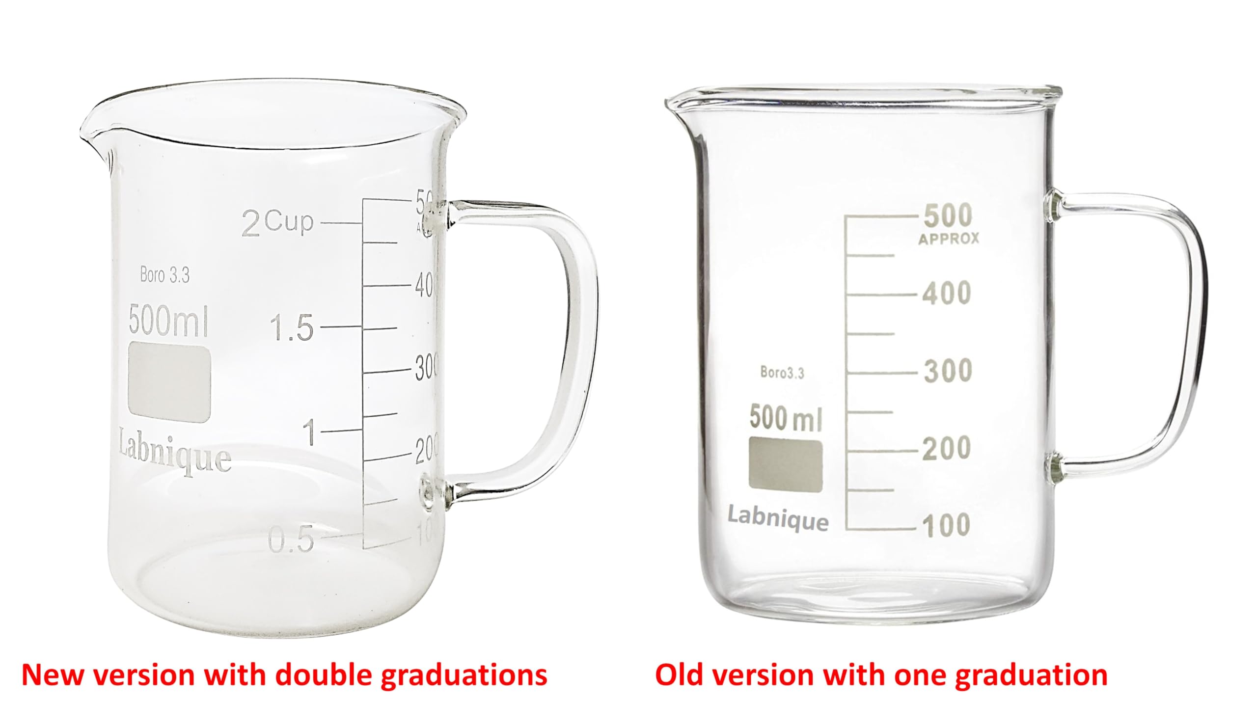 Microyn Glass Beaker with Handle, Beaker Mug with Pouring Spout, Double Graduated, 500ml (16.9oz/2.1cup)