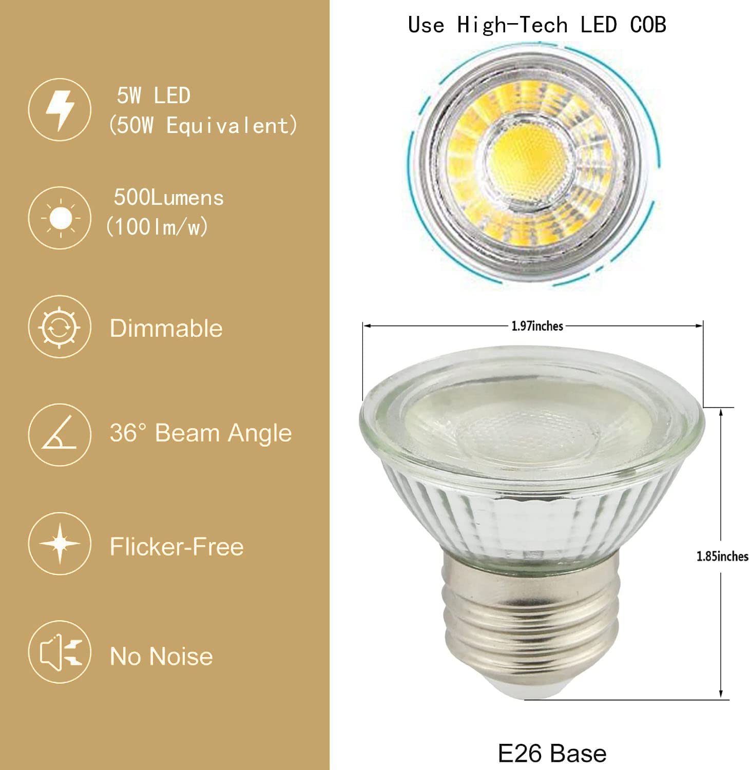 PAR16 LED Bulb Short Neck Recessed Spotlight, 5W (50W Equivalent) Curio Cabinet Light Bulb, 500 Lumens Dimmable China Cabinet Light Bulbs, Small Light Bulbs 2700K Warm White (Pack of 6)