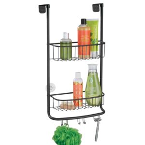 mdesign stainless steel bath/shower over door caddy, hanging storage organizer 2-tier rack with 6 hooks and 2 baskets - holder for soap, shampoo, loofah, body wash, omni collection, matte black