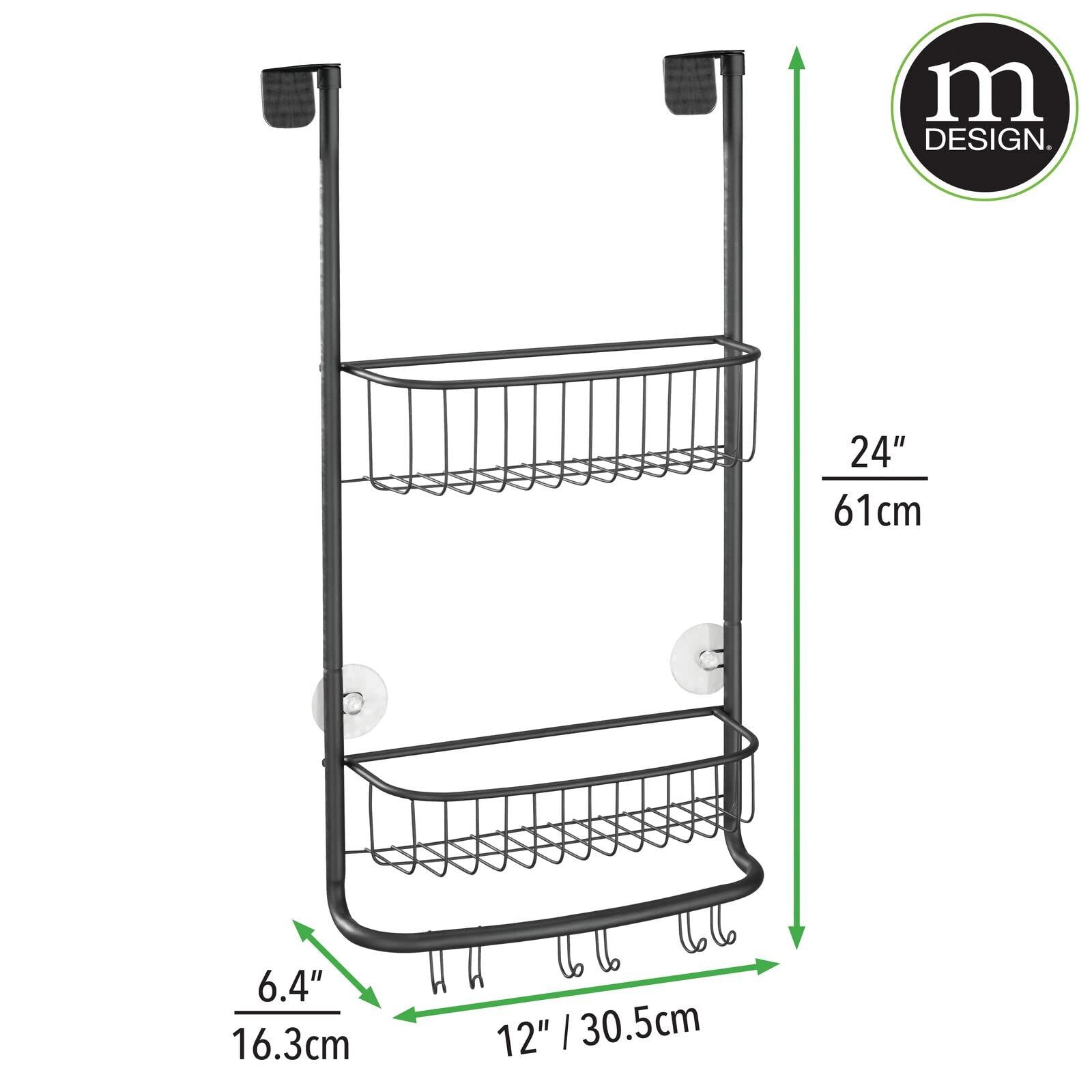 mDesign Stainless Steel Bath/Shower Over Door Caddy, Hanging Storage Organizer 2-Tier Rack with 6 Hooks and 2 Baskets - Holder for Soap, Shampoo, Loofah, Body Wash, Omni Collection, Matte Black