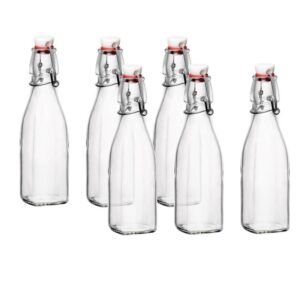 bormioli rocco set of 6 square swing top glass 8.5 oz. bottles with airtight hermetic lid, bottles kombucha, beer, and limoncello, dishwasher safe, made in italy.