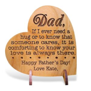 Custom Engraved Alder Wood Greeting Card for Dad Personalized Heart Shaped Fathers Day, Birthday, Chrismas, Thank You Unique Daddy Godfather Grandpa Dad Gift from Kids Wife for Him Comes with Stand