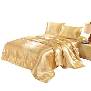 drefeel hotel quality golden duvet cover set twin/single size satin silk like bedding with hidden zipper ties, soft smooth durable stain resistant quilt/comforter cover set