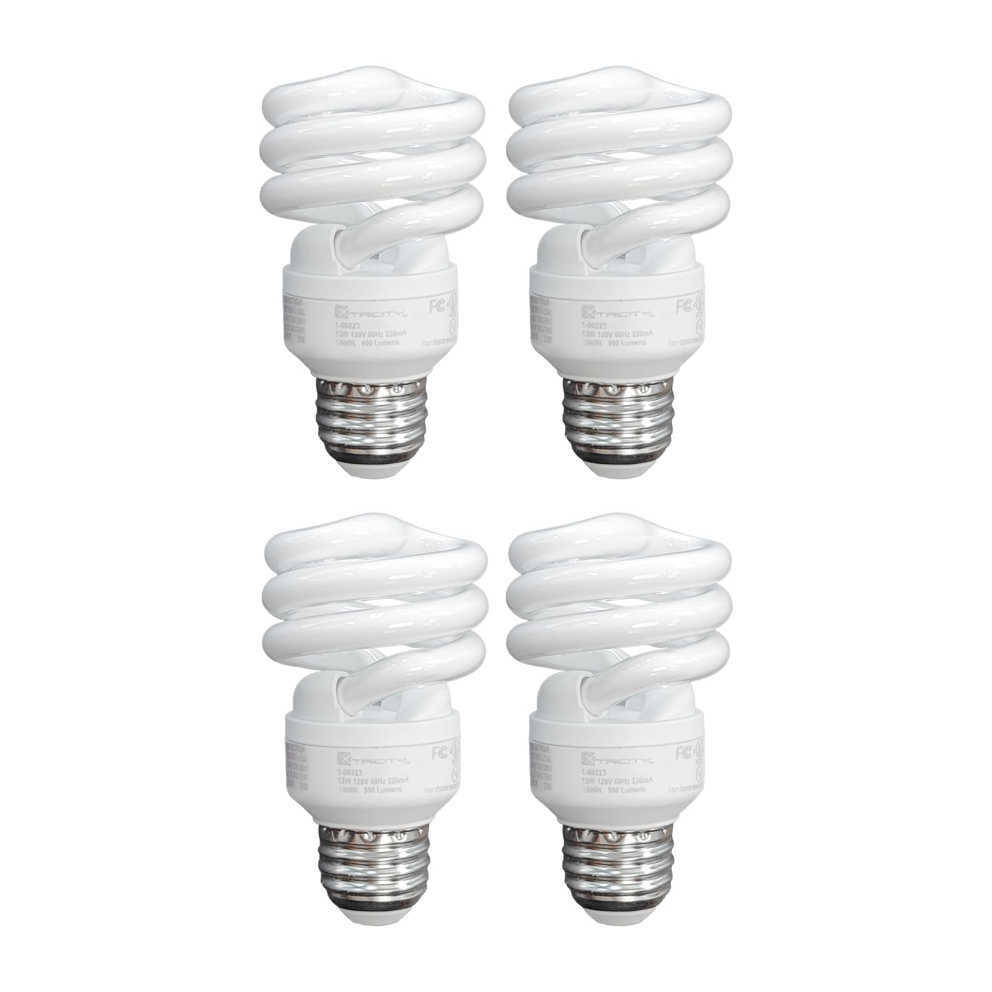 Xtricity Compact Fluorescent Light Bulbs T2 Spiral, E26 Base, 13W (60W Equivalent), 5000k Daylight, 900 Lumens, CFL, 120V - UL Listed, (4 Pack)