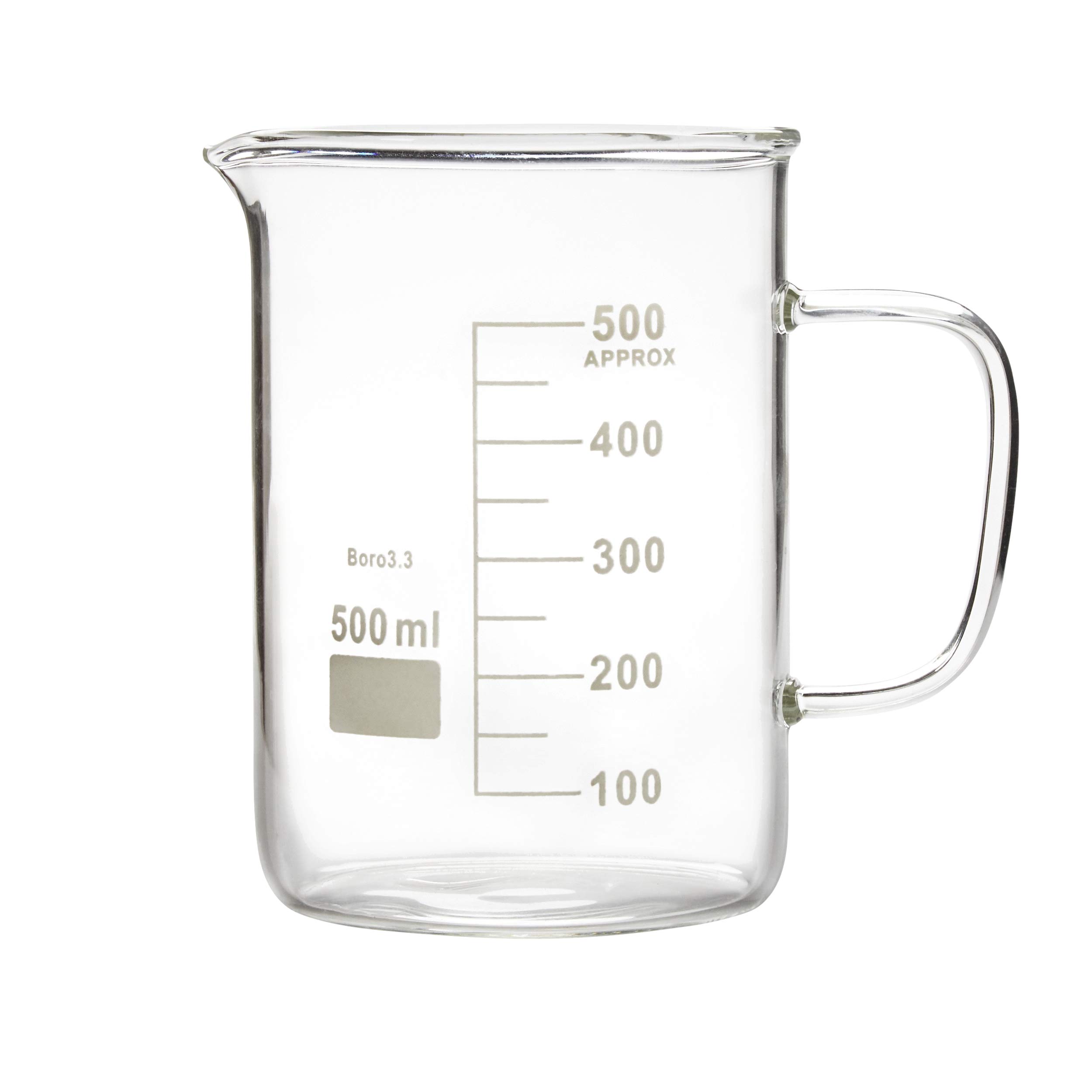 Microyn Glass Beaker with Handle, Beaker Mug with Pouring Spout, Double Graduated, 500ml (16.9oz/2.1cup)