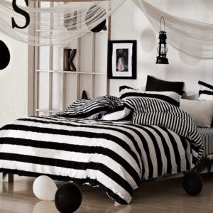 ukeler black and white striped duvet cover set modern luxury cotton queen bedding, 4 pieces