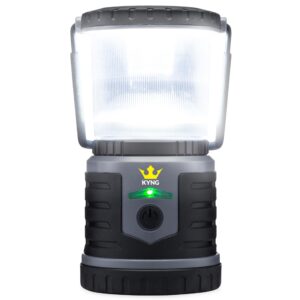 kyng rechargeable led lantern brightest light for camping, emergency use, outdoors, and home- lasts for 250 hours on a single charge- includes usb cord and wall plug, built in phone charger