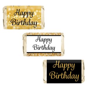 happy birthday party miniatures candy bar wrapper stickers - gold and black - 45 count