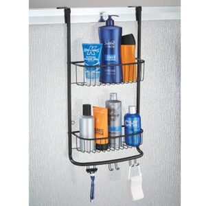 mDesign Stainless Steel Bath/Shower Over Door Caddy, Hanging Storage Organizer 2-Tier Rack with 6 Hooks and 2 Baskets - Holder for Soap, Shampoo, Loofah, Body Wash, Omni Collection, Matte Black