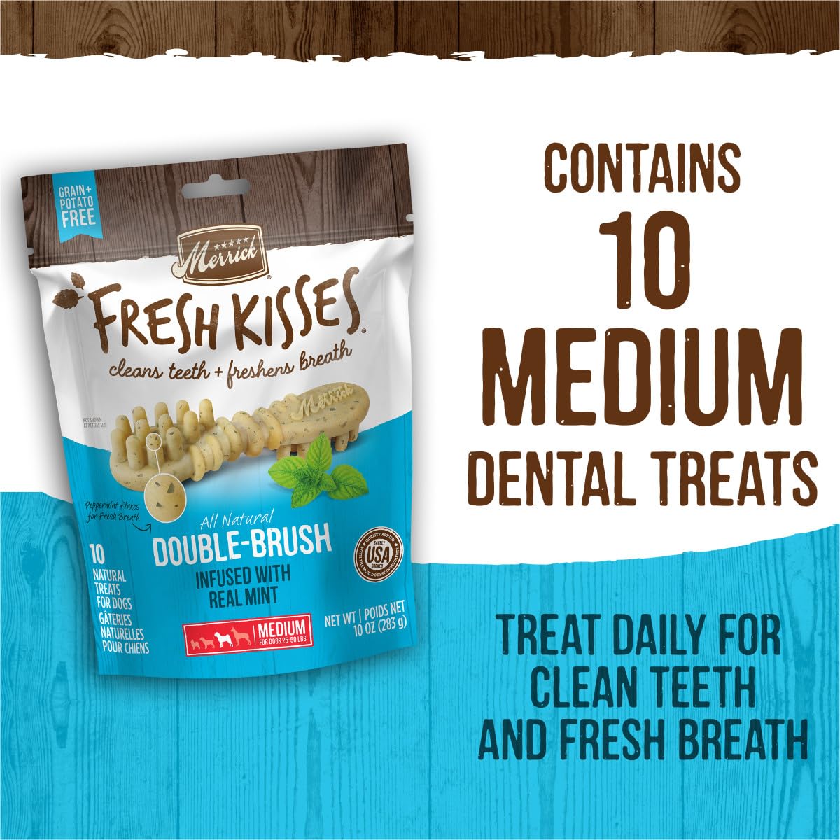 Merrick Fresh Kisses Natural Dental Chews Toothbrush Shape Treat Infused with Real Mint Medium Dogs - 10 Ct. Bag