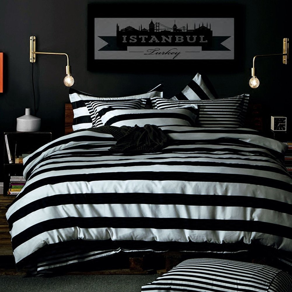 UKELER Black and White Striped Duvet Cover Set Modern Luxury Cotton Queen Bedding, 4 Pieces