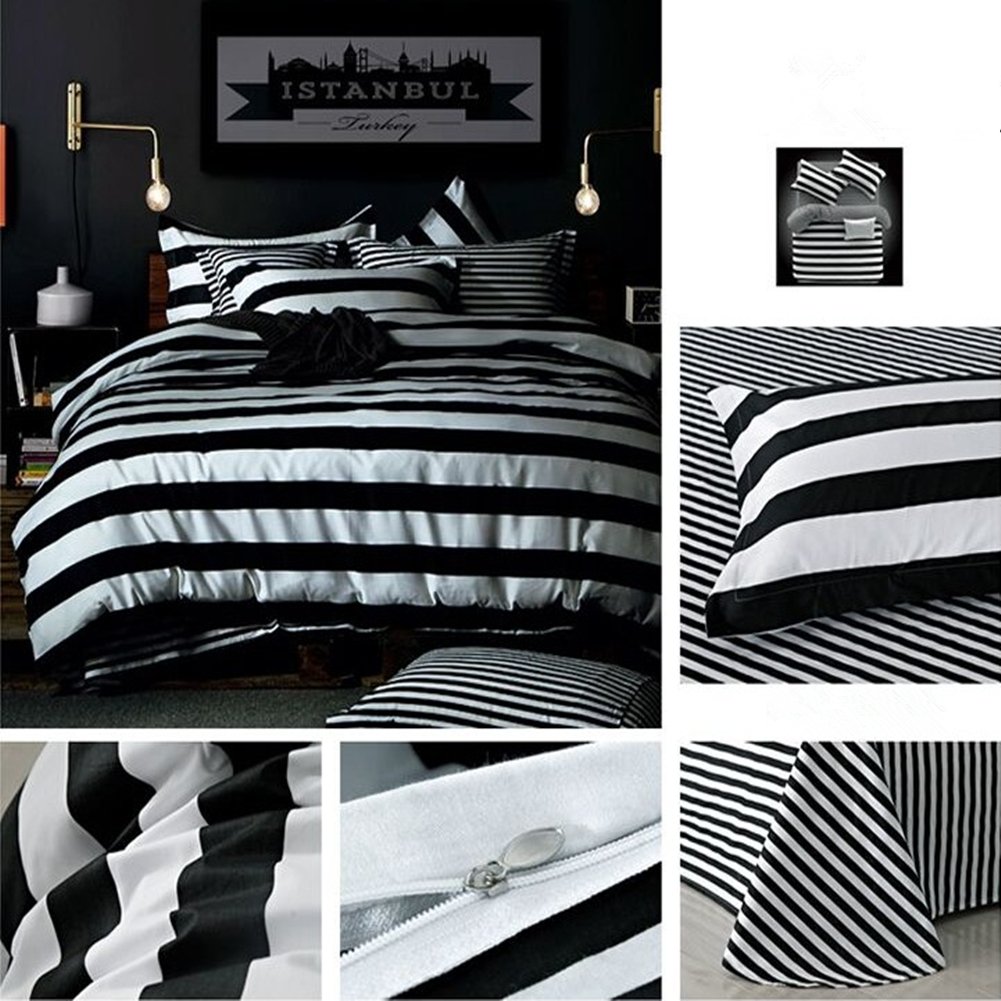 UKELER Black and White Striped Duvet Cover Set Modern Luxury Cotton Queen Bedding, 4 Pieces