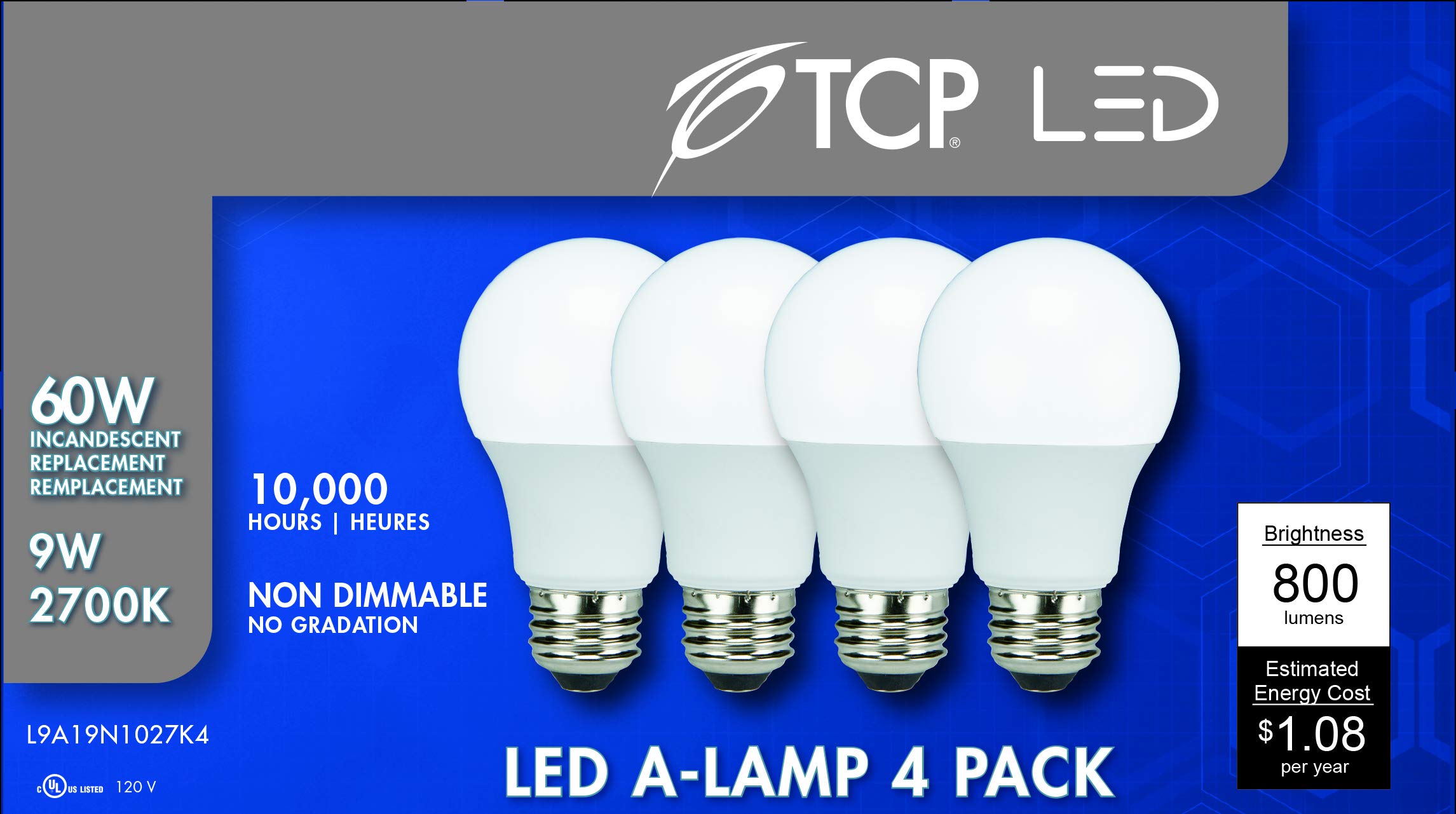 TCP L9A19N1027K4 LED 60 Watt Equivalent Light Bulbs, A19 Shape, Soft White, 4 Count