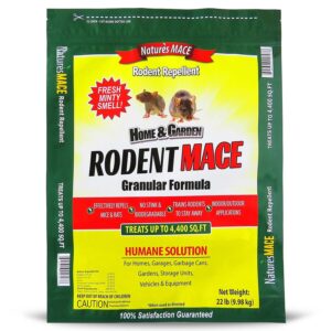 nature’s mace rodent repellent 22lb, rodent repellent granules for indoor & outdoor, mouse and rat prevention, for garage, attic, kitchen, car, peppermint oil blend, safe to use, covers 4,400 sq ft