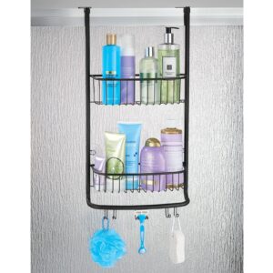 mDesign Stainless Steel Bath/Shower Over Door Caddy, Hanging Storage Organizer 2-Tier Rack with 6 Hooks and 2 Baskets - Holder for Soap, Shampoo, Loofah, Body Wash, Omni Collection, Matte Black