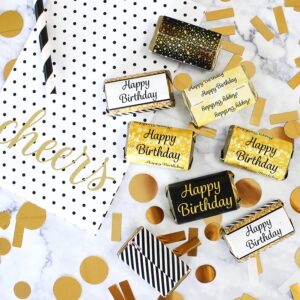 Happy Birthday Party Miniatures Candy Bar Wrapper Stickers - Gold and Black - 45 Count