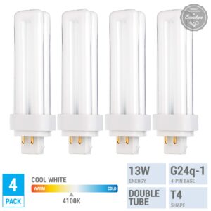 KOR (Pack of 4) 13 Watt Double Tube - G24Q-1 (4 PIN) Base - 4100K Cool White - CFL Light Bulb. Replaces Sylvania 20667 CF13DD/E/841 - Philips 38328-1 PL-C 13W/841/4P/ALTO and GE 97597 F13DBX/841/ECO4P