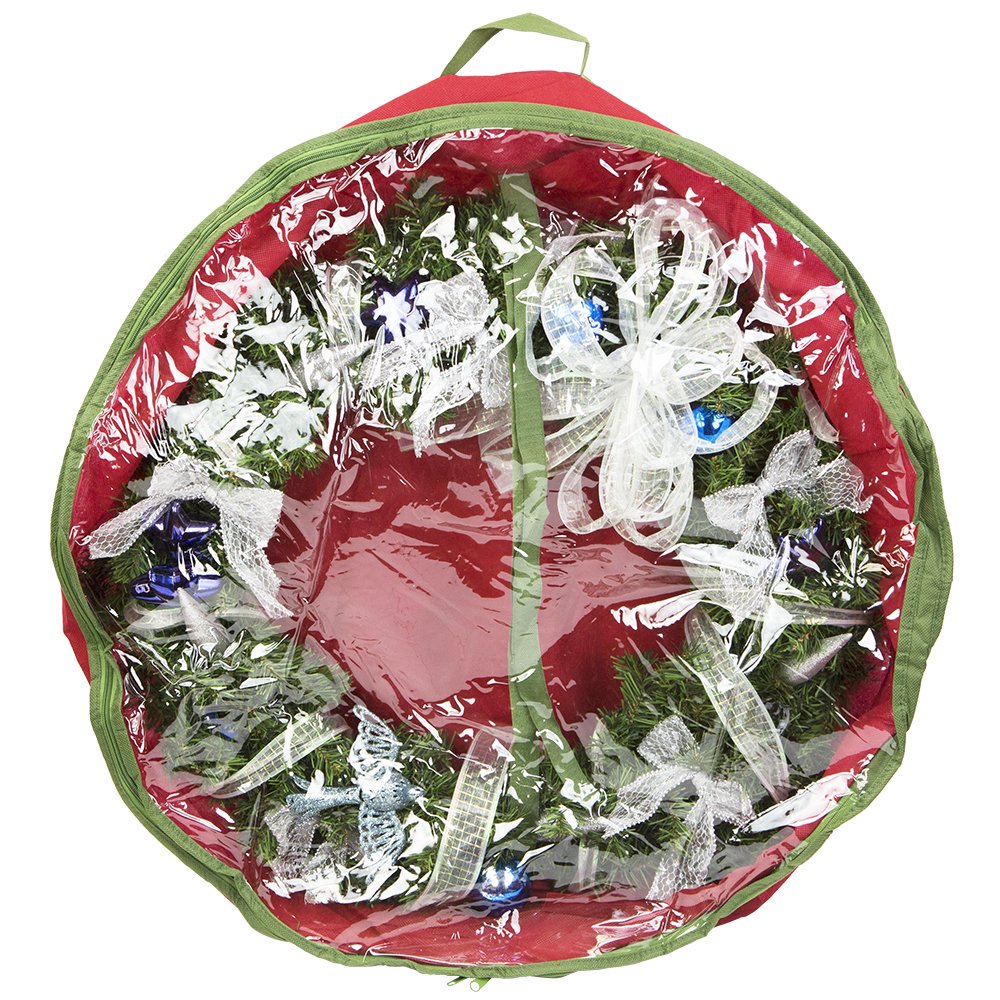 Home Basics 30" Christmas Wreath Bag PVC Seasonal Holiday Clear Transparent Storage for Easter, 4th July, Fall, Halloween, Red/Green