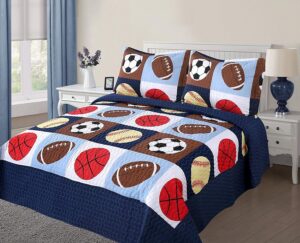 golden linens 3 pieces full size quilt bedspread set kids sports basketball football baseball for boys & girls (full)