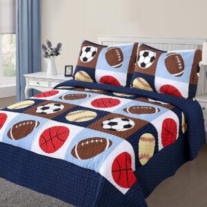 Golden Linens 3 pieces Full Size Quilt Bedspread Set Kids Sports Basketball Football Baseball for Boys & Girls (Full)