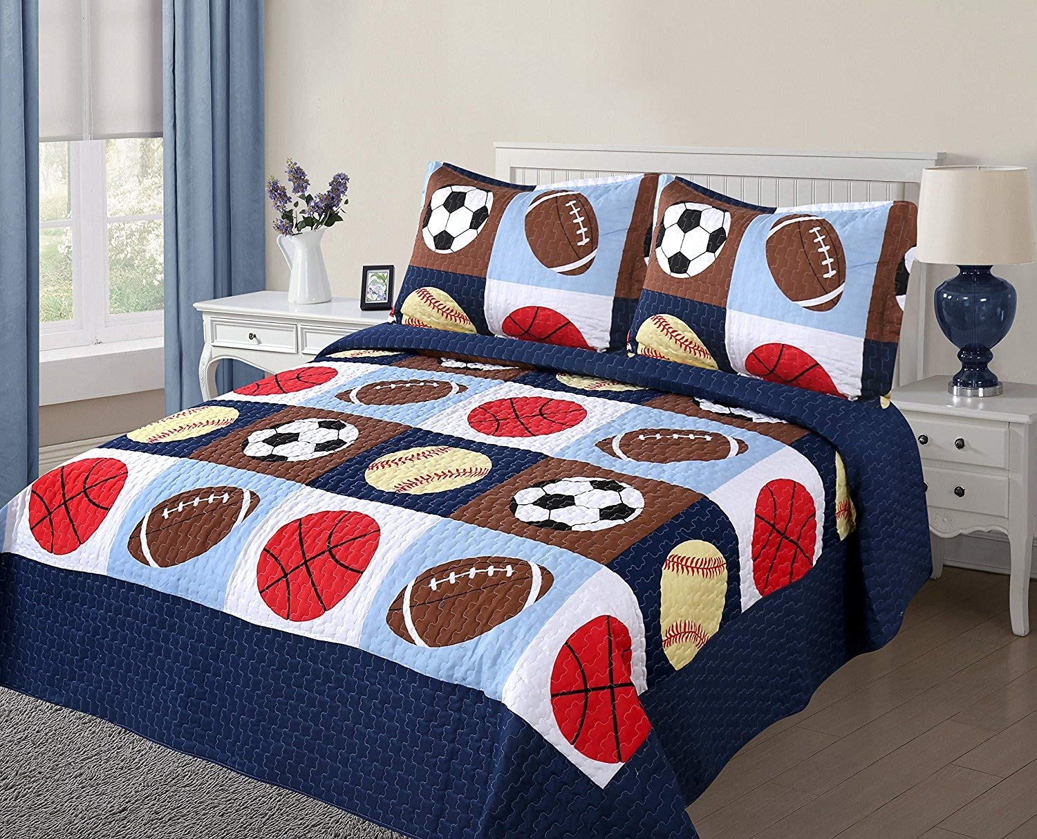 Golden Linens 3 pieces Full Size Quilt Bedspread Set Kids Sports Basketball Football Baseball for Boys & Girls (Full)