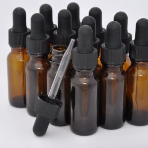 DropperStop™ 1/2 oz Amber Glass Dropper Bottles (15mL) with Tapered Glass Droppers - Pack of 12