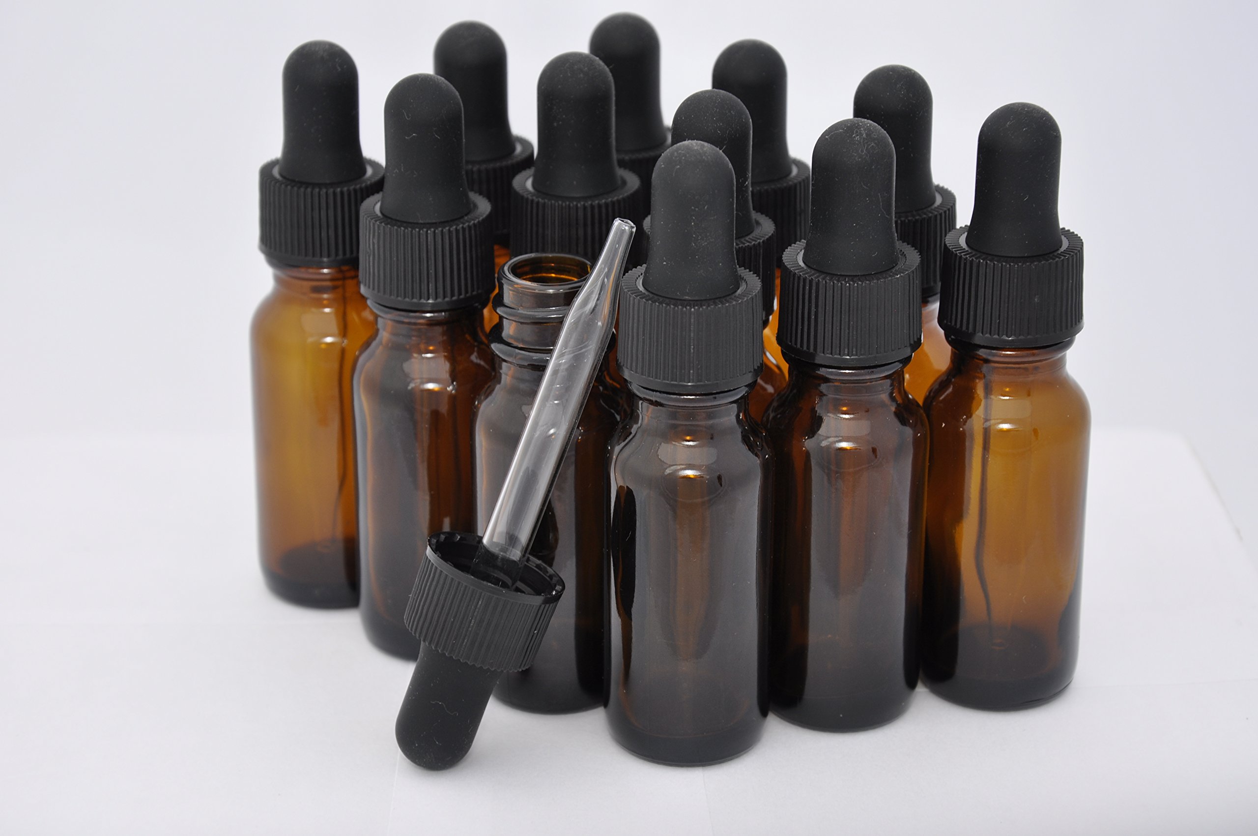 DropperStop™ 1/2 oz Amber Glass Dropper Bottles (15mL) with Tapered Glass Droppers - Pack of 12