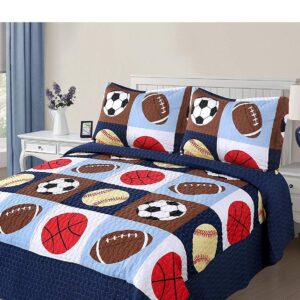 Golden Linens 3 pieces Full Size Quilt Bedspread Set Kids Sports Basketball Football Baseball for Boys & Girls (Full)