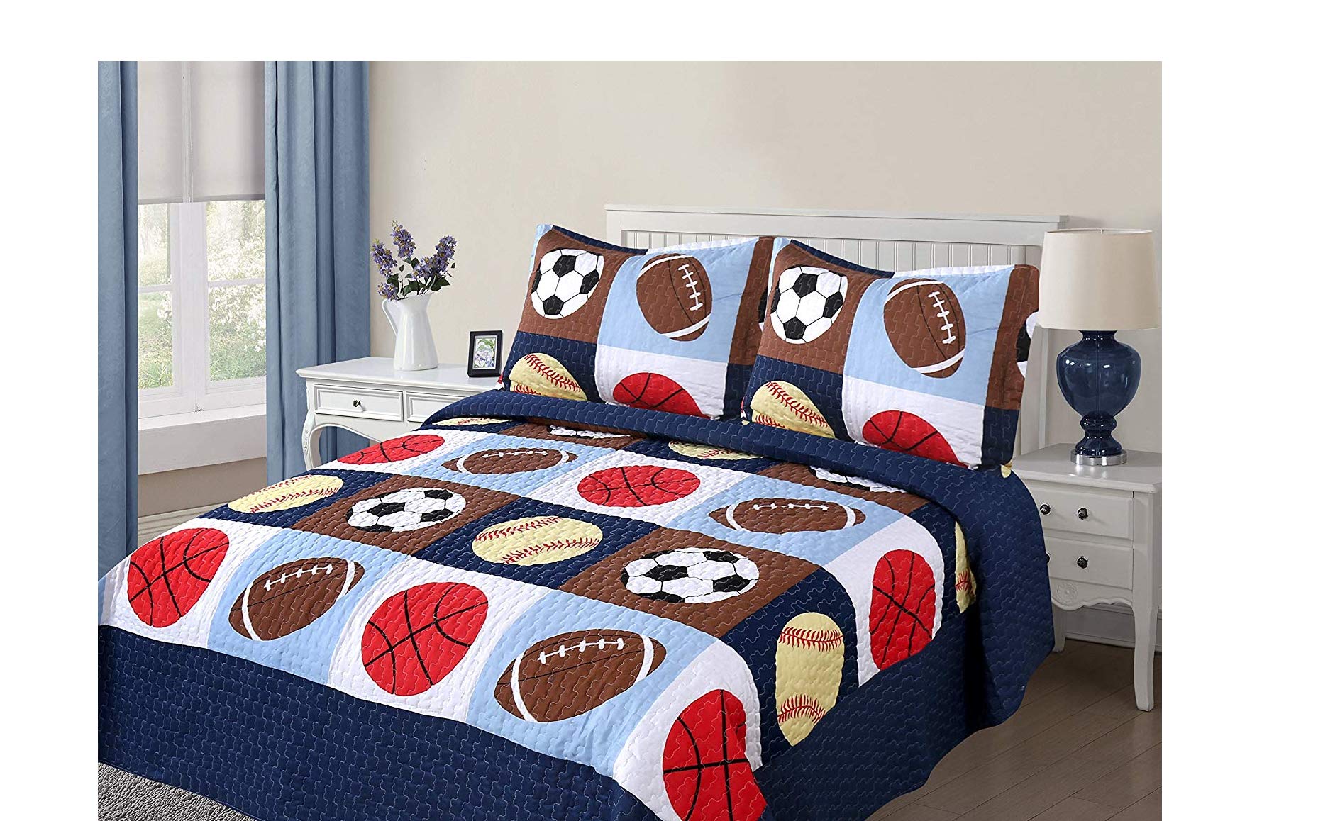 Golden Linens 3 pieces Full Size Quilt Bedspread Set Kids Sports Basketball Football Baseball for Boys & Girls (Full)