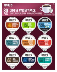 maud's original flavored coffee pods variety pack, 80 ct | 9 assorted coffee flavors | 100% arabica roasted coffee | solar energy produced recyclable pods compatible with keurig k cups maker