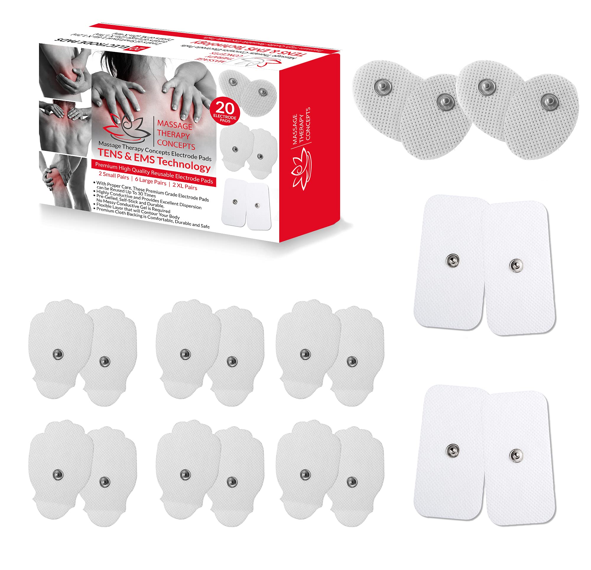 TENS Unit Pads - Premium Quality Snap Replacement Electrodes for TENS and EMS Electrotherapy - Self Adhesive Reusable Patches up to 30 Times (20 Pads) Combo (S, L, XL)