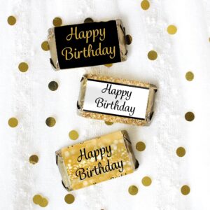 Happy Birthday Party Miniatures Candy Bar Wrapper Stickers - Gold and Black - 45 Count