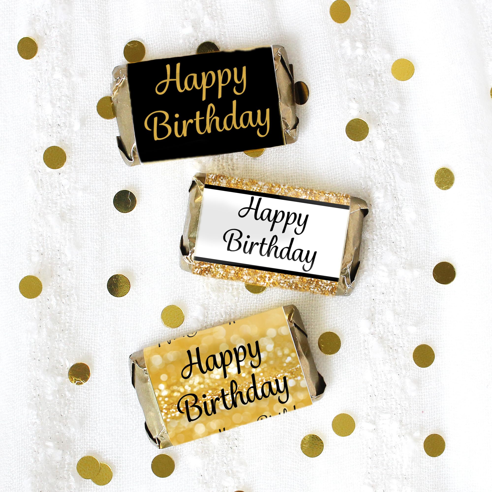 Happy Birthday Party Miniatures Candy Bar Wrapper Stickers - Gold and Black - 45 Count