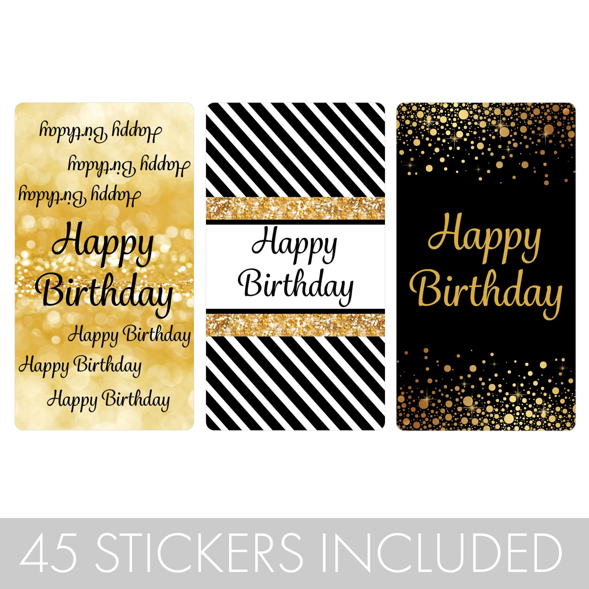 Happy Birthday Party Miniatures Candy Bar Wrapper Stickers - Gold and Black - 45 Count